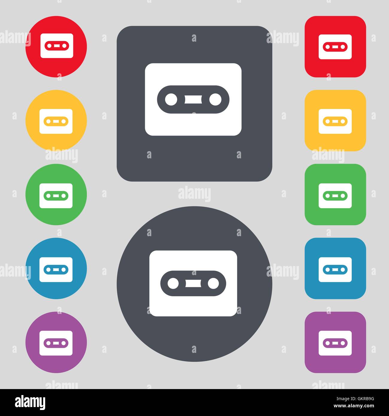 Cassette icon sign. A set of 12 colored buttons. Flat design. Vector ...