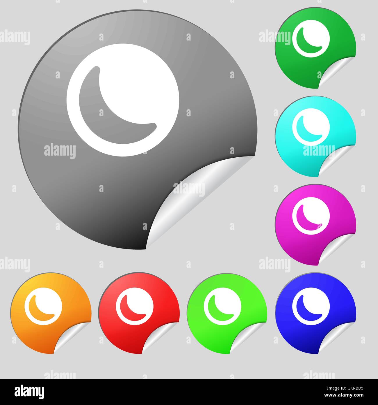moon icon sign. Set of eight multi-colored round buttons, stickers ...