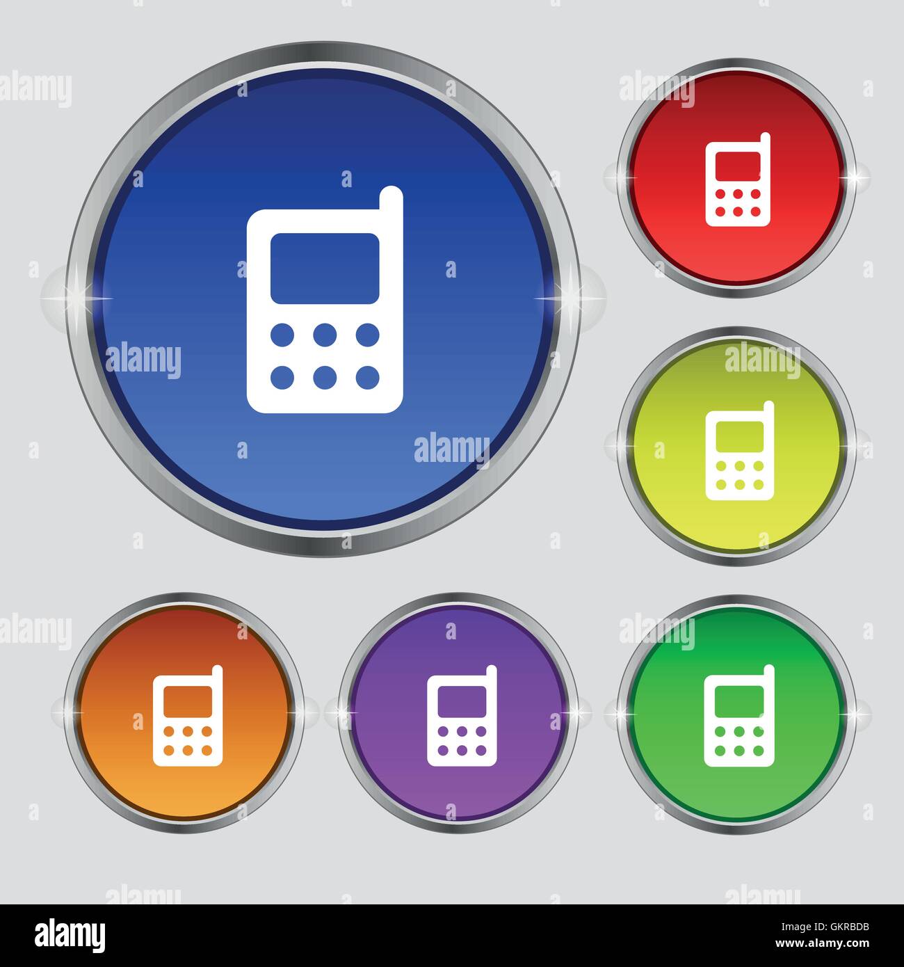 mobile phone icon sign. Round symbol on bright colourful buttons ...