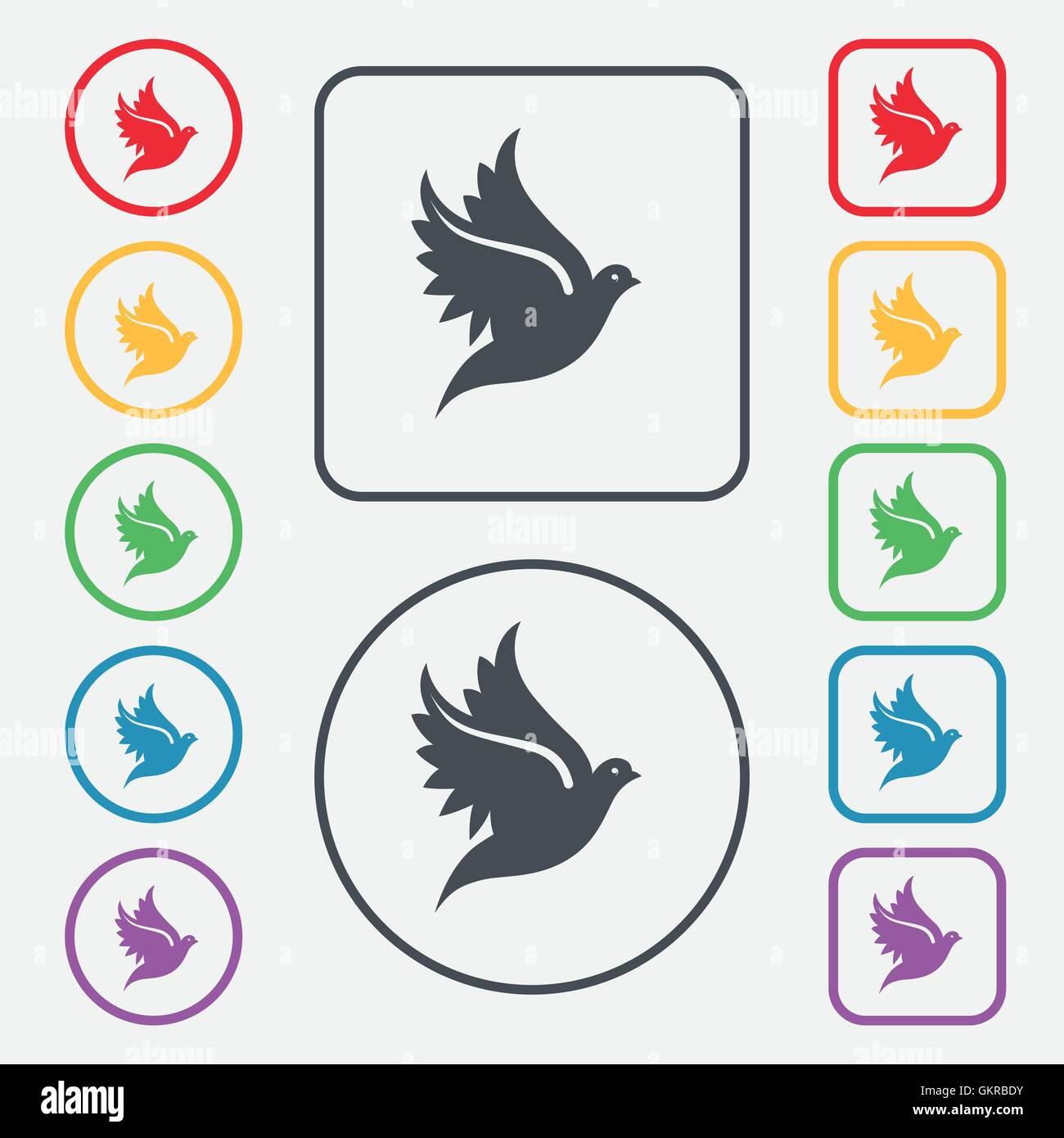 Dove icon sign. symbol on the Round and square buttons with frame ...