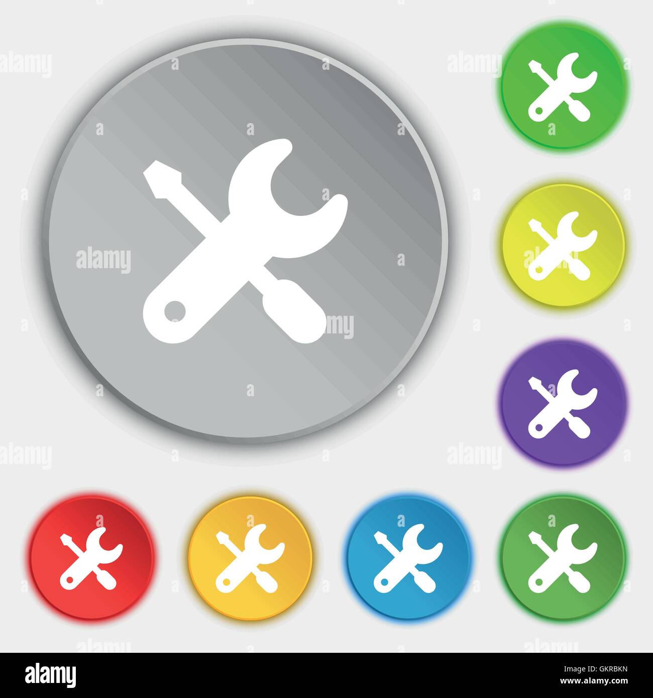 screwdriver, key, settings icon sign. Symbol on five flat buttons ...