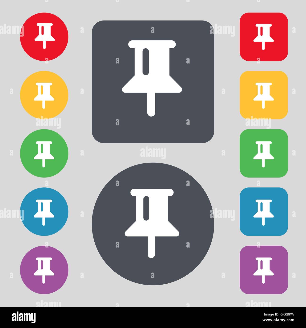 Map pointer, GPS location icon sign. A set of 12 colored buttons. Flat ...