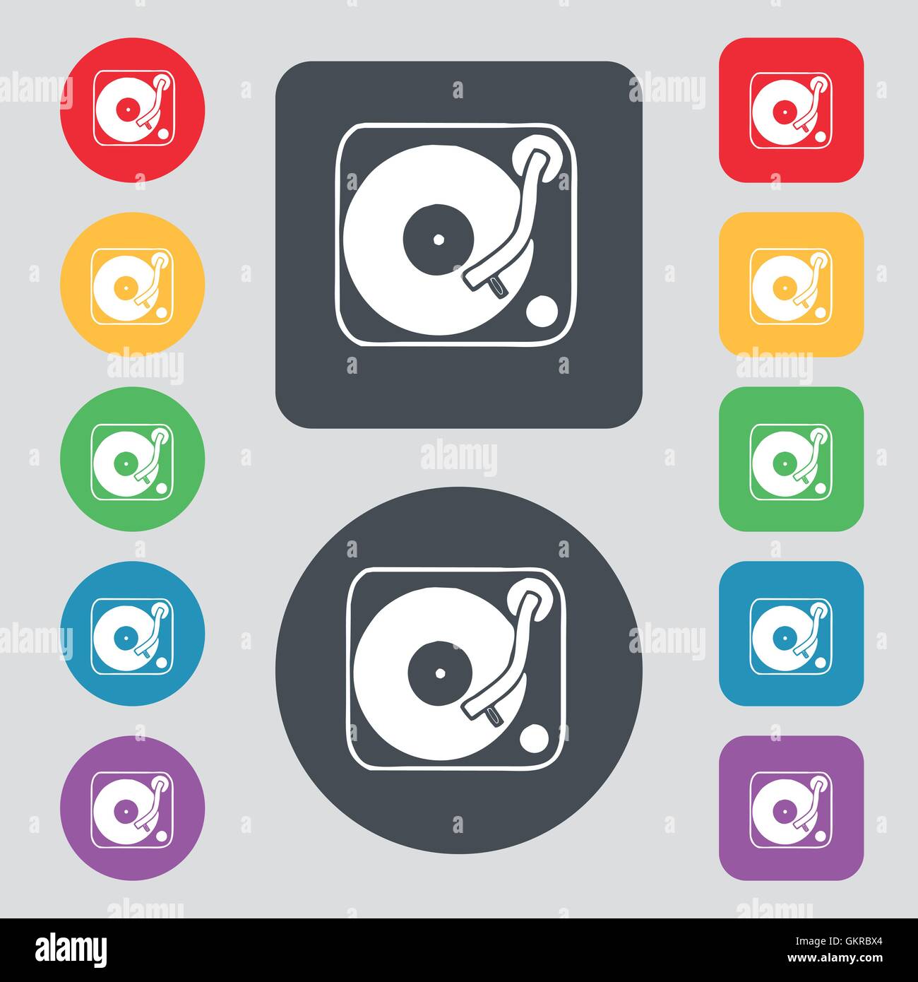 Gramophone, vinyl icon sign. A set of 12 colored buttons. Flat design ...