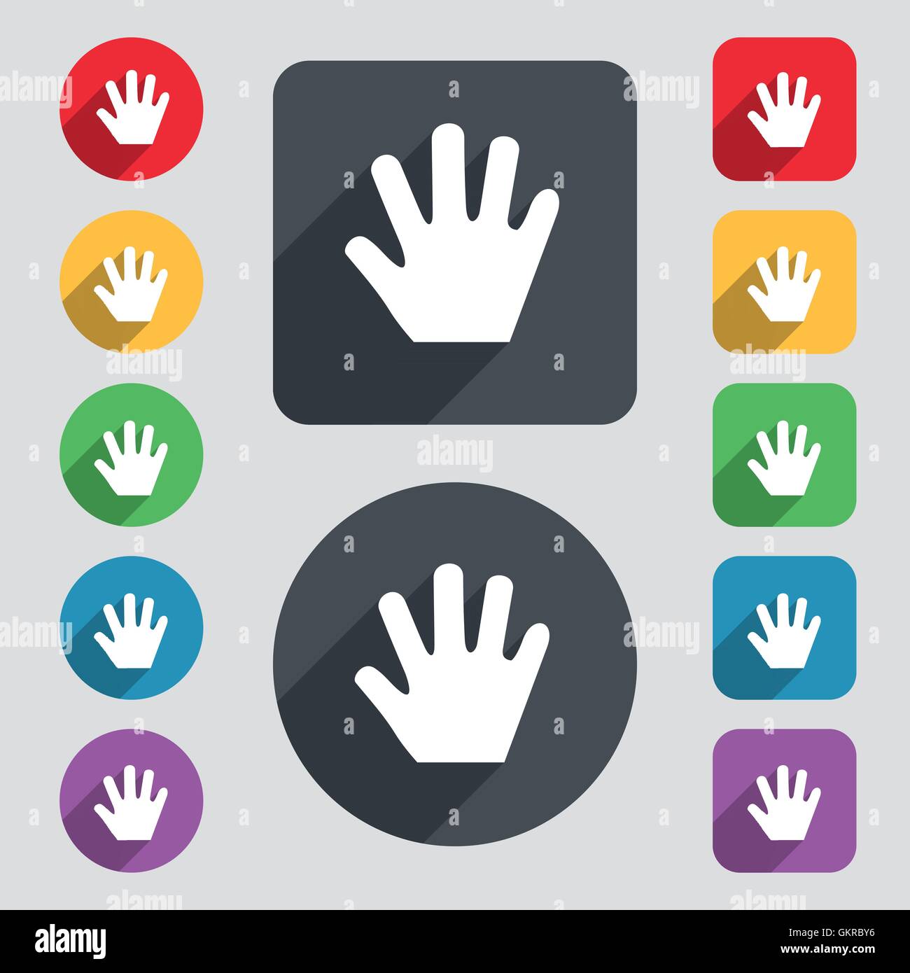 Hand icon sign. A set of 12 colored buttons and a long shadow. Flat ...
