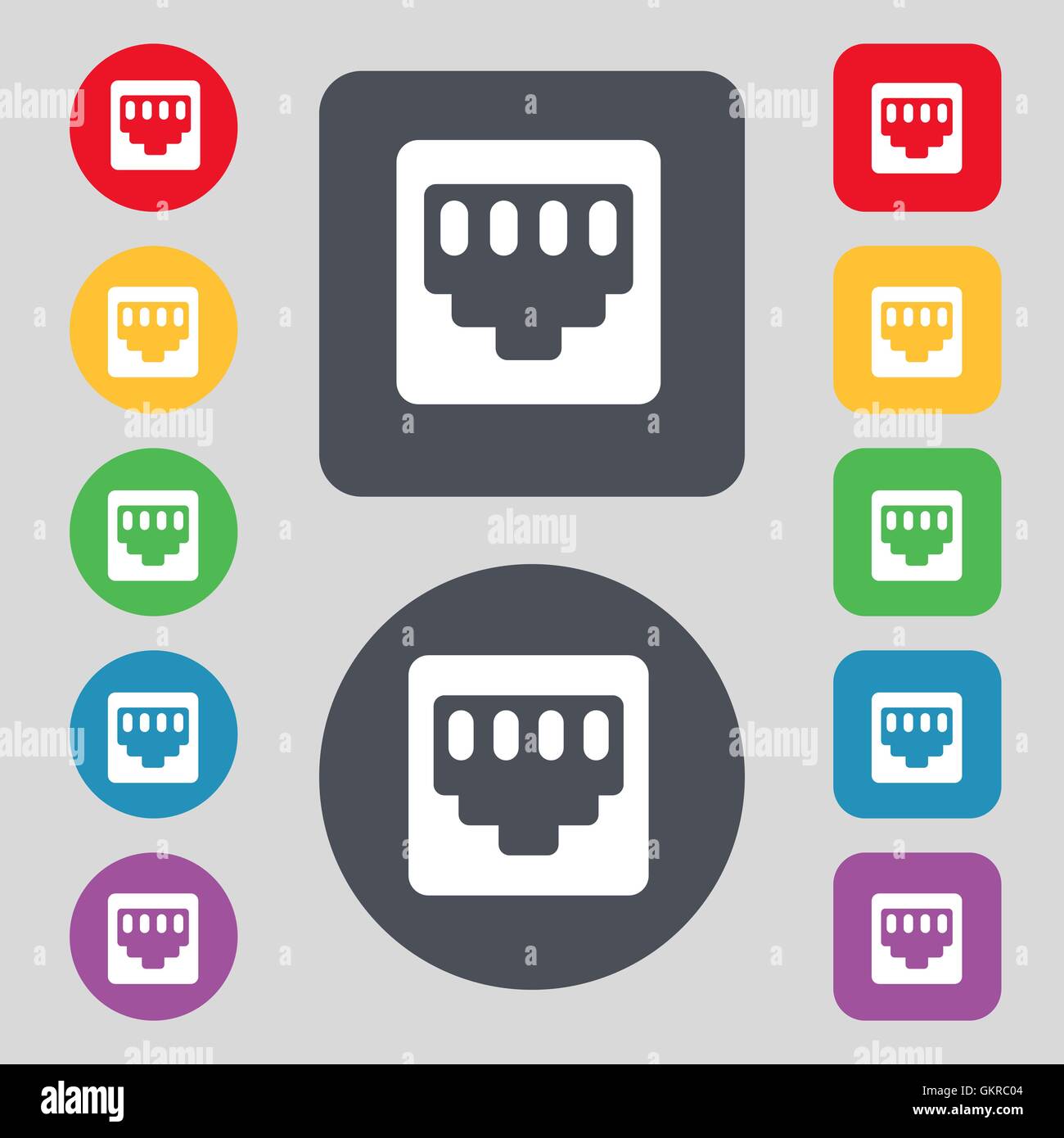cable rj45, Patch Cord icon sign. A set of 12 colored buttons. Flat ...