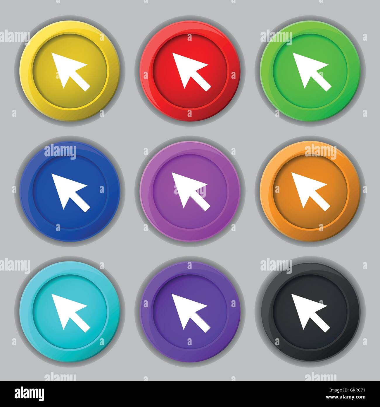 arrow cursor, computer mouse icon sign. symbol on nine round colourful ...