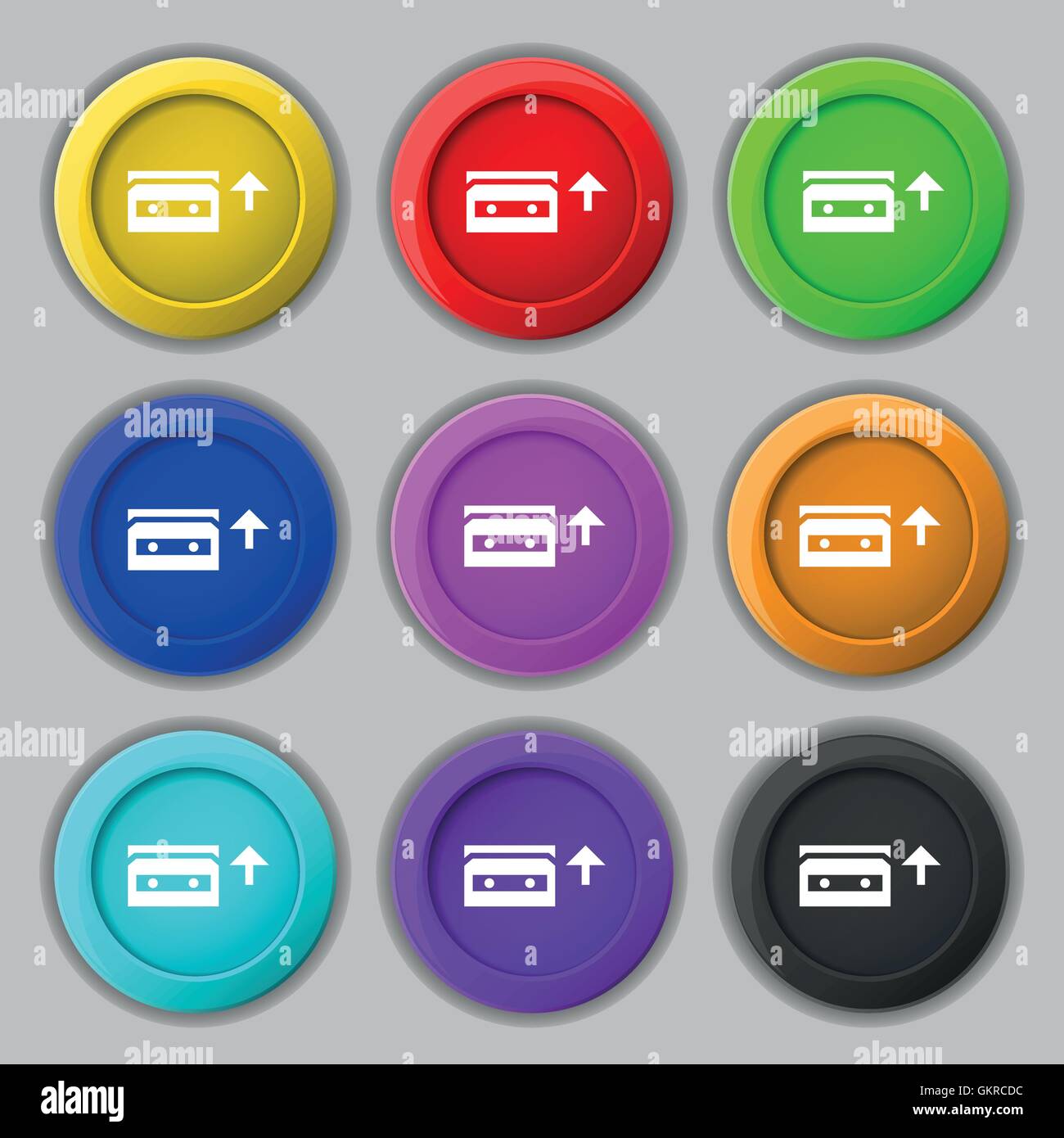 audio cassette icon sign. symbol on nine round colourful buttons ...