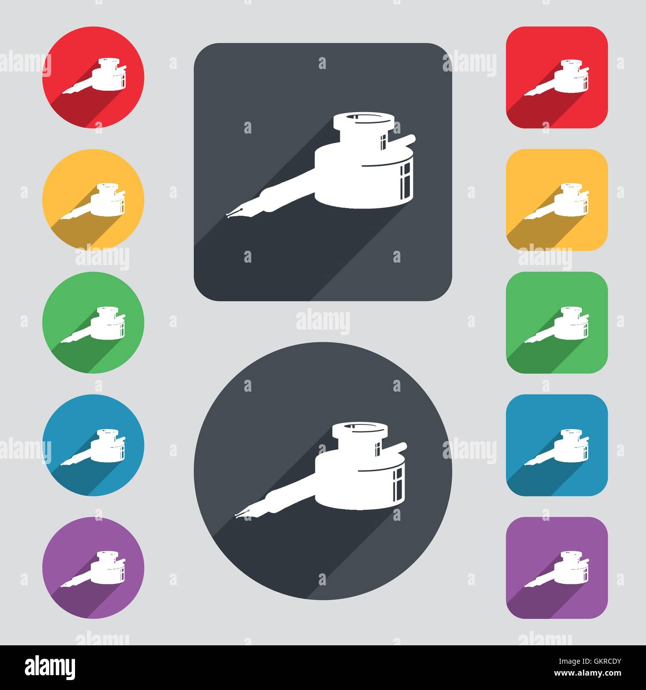 pen and ink icon sign. A set of 12 colored buttons and a long shadow ...