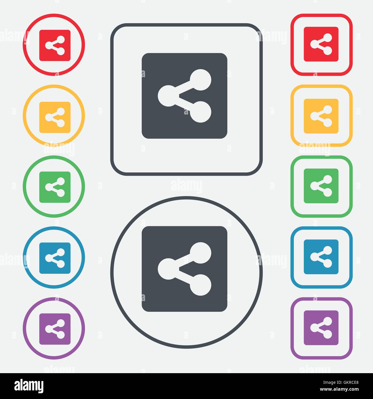 Share icon sign. symbol on the Round and square buttons with frame ...