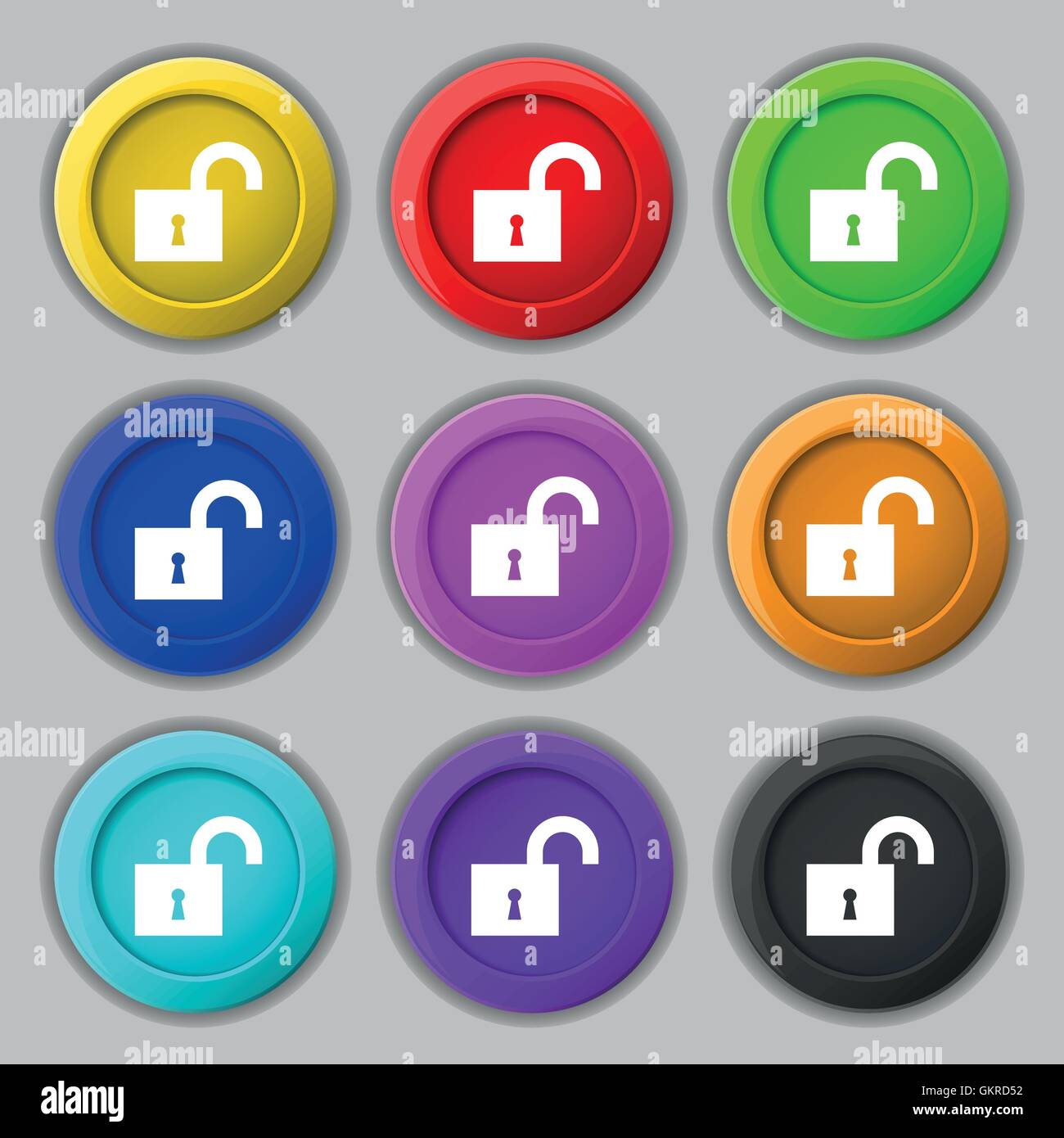 open lock icon sign. symbol on nine round colourful buttons. Vector ...