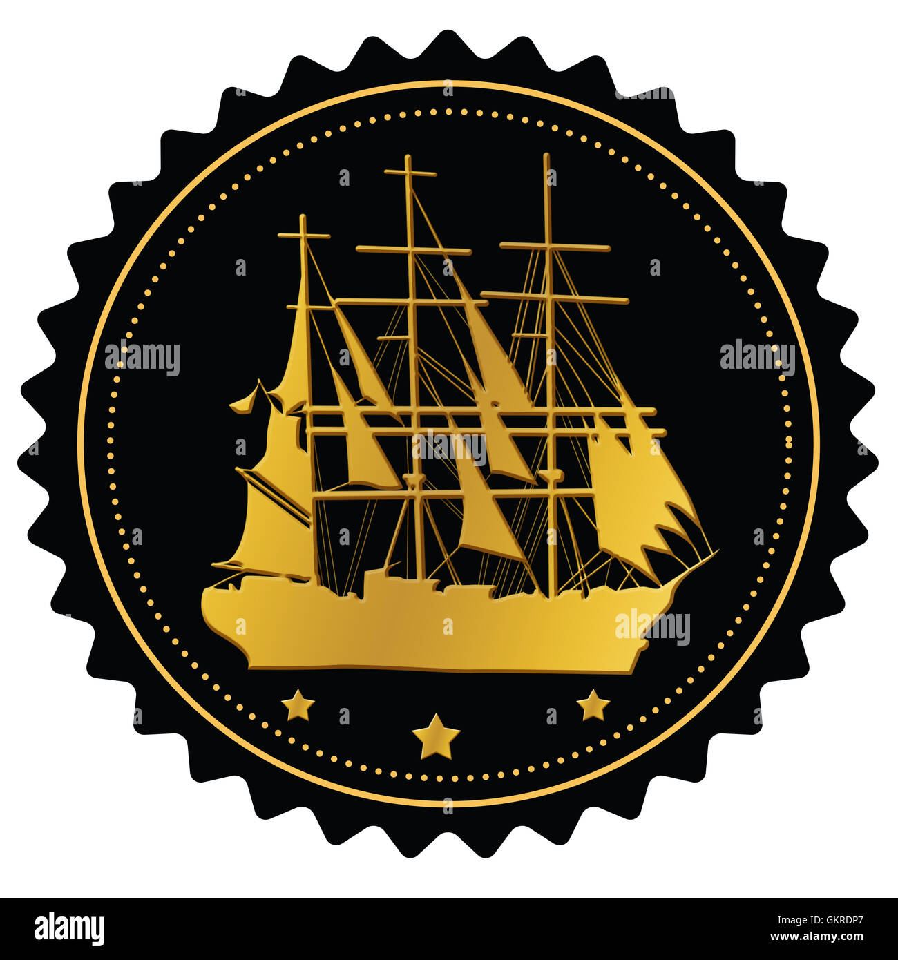 Label with gold sailing ship Stock Photo - Alamy