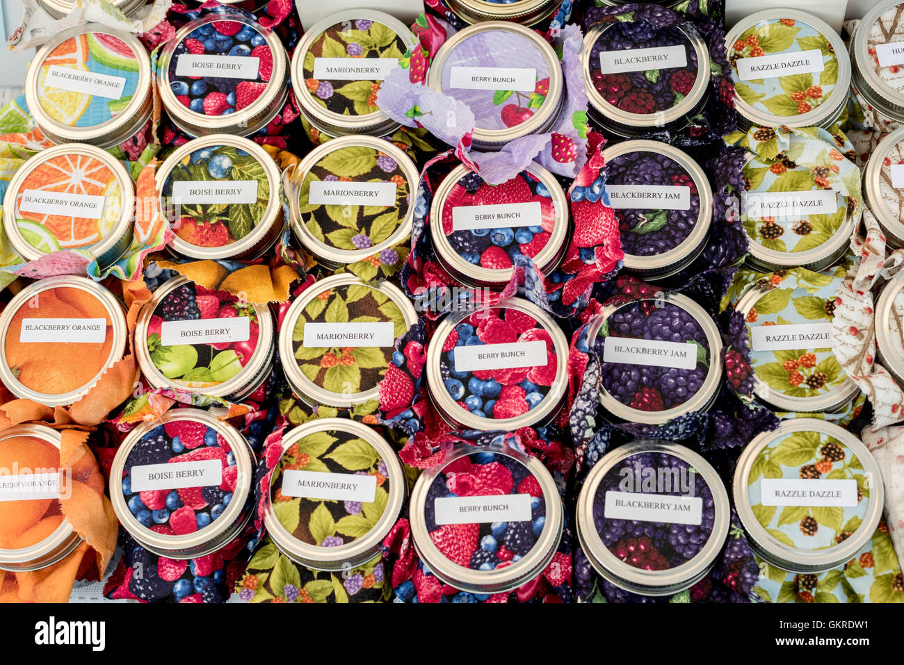 Many different jars of jelly with named labels Stock Photo - Alamy