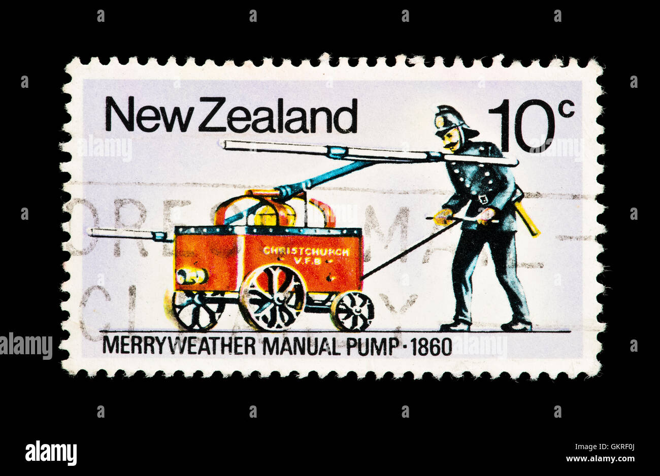 Postage stamp from New Zealand depicting a Merryweather hand water pump ...
