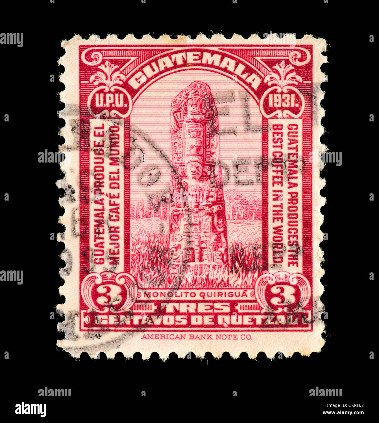 Postage stamp from Guatemala depicting the Mayan stele at Quirigua ...