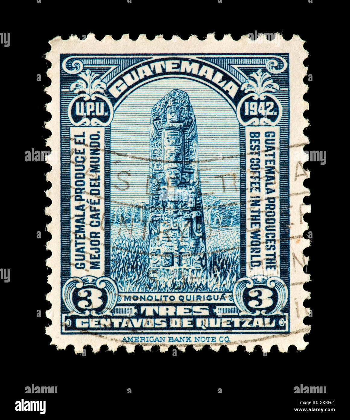 Postage stamp from Guatemala depicting the Mayan stele at Quirigua ...