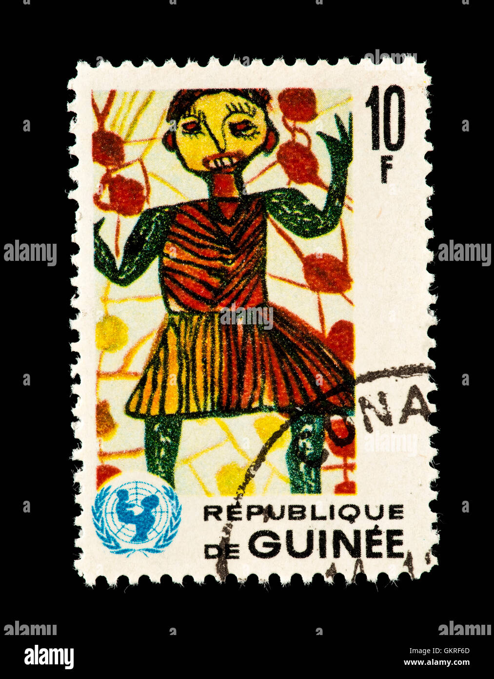 Postage stamp from Guinea depicting a children's drawing and the UNICEF ...