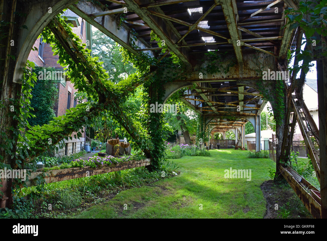 The Brown Line elevated CTA train tracks passing through urban gardens ...