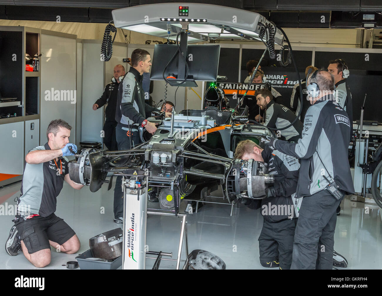 Force India F1 team during mid season testing at Silverstone, July 2016 ...