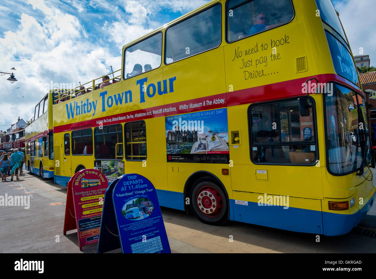 Yellow open topped double decker buses which take tourists on a tour ...