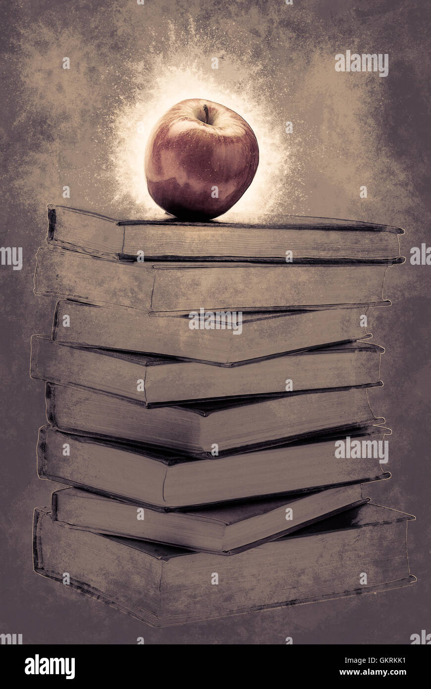 Stack of Old Books With an Apple on Top Stock Photo - Alamy