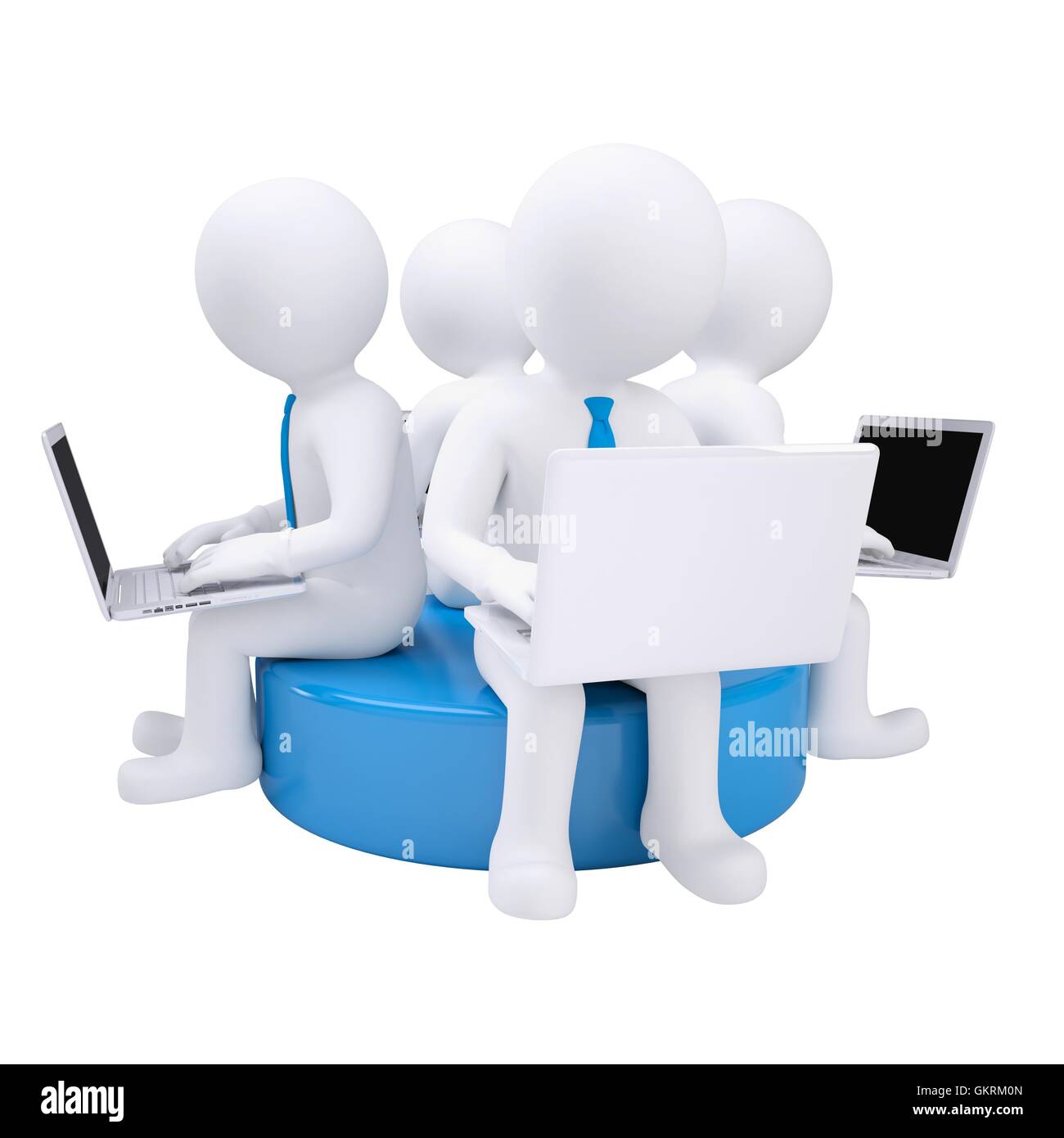 Four 3d man with laptop sitting on a blue disk Stock Photo - Alamy