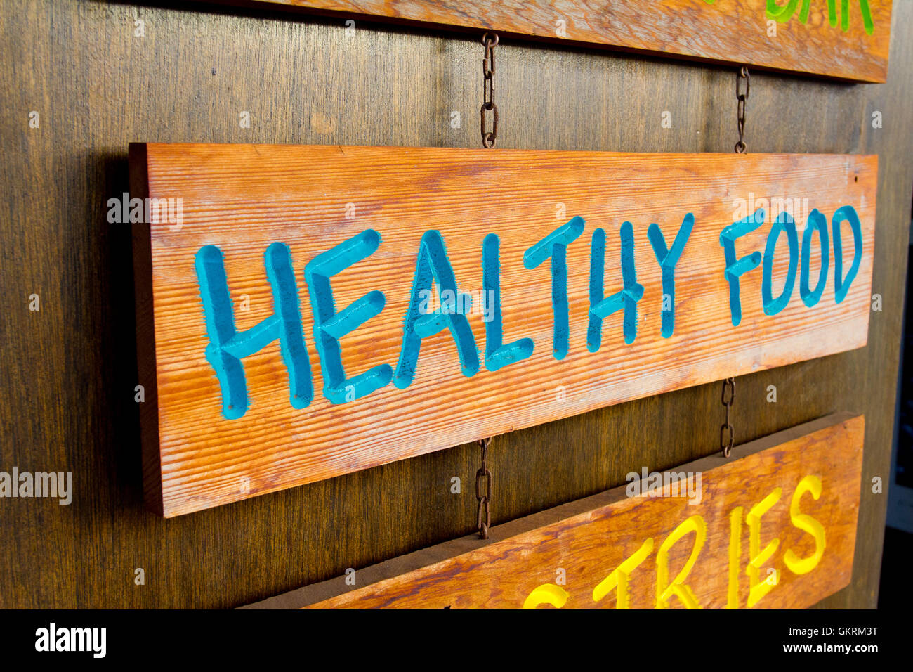 Healthy Food Wood Sign Stock Photo - Alamy