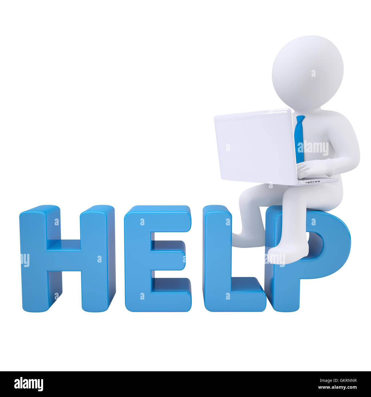 3d man sitting with a laptop on the word help Stock Photo - Alamy