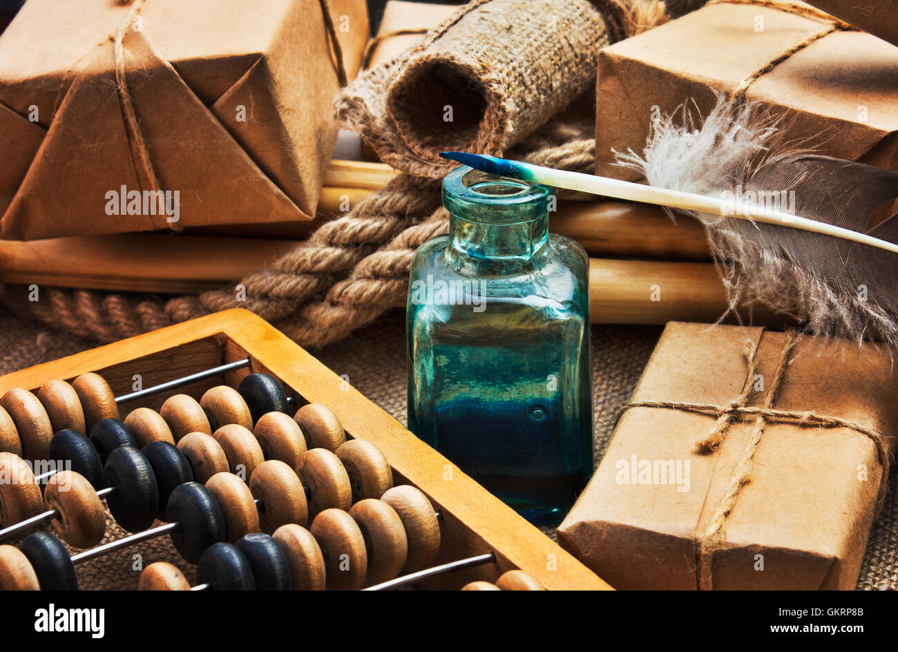 Still Life in a warehouse with abacus Stock Photo - Alamy