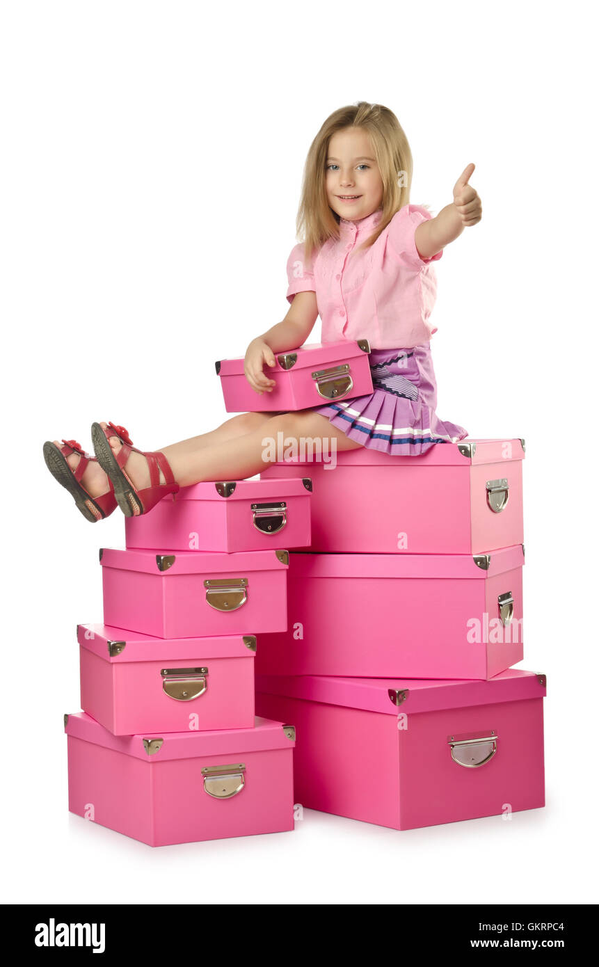 Little cute girl with lots of boxes Stock Photo - Alamy