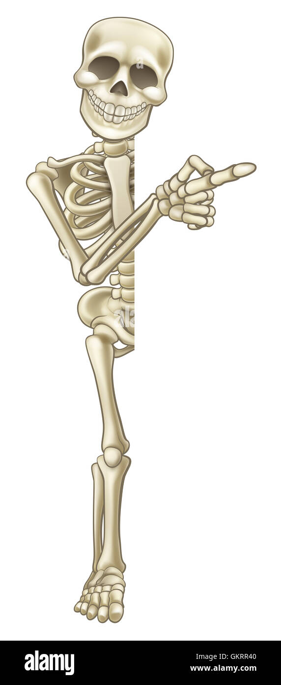 A happy skeleton cartoon character peeping around the side of a sign ...