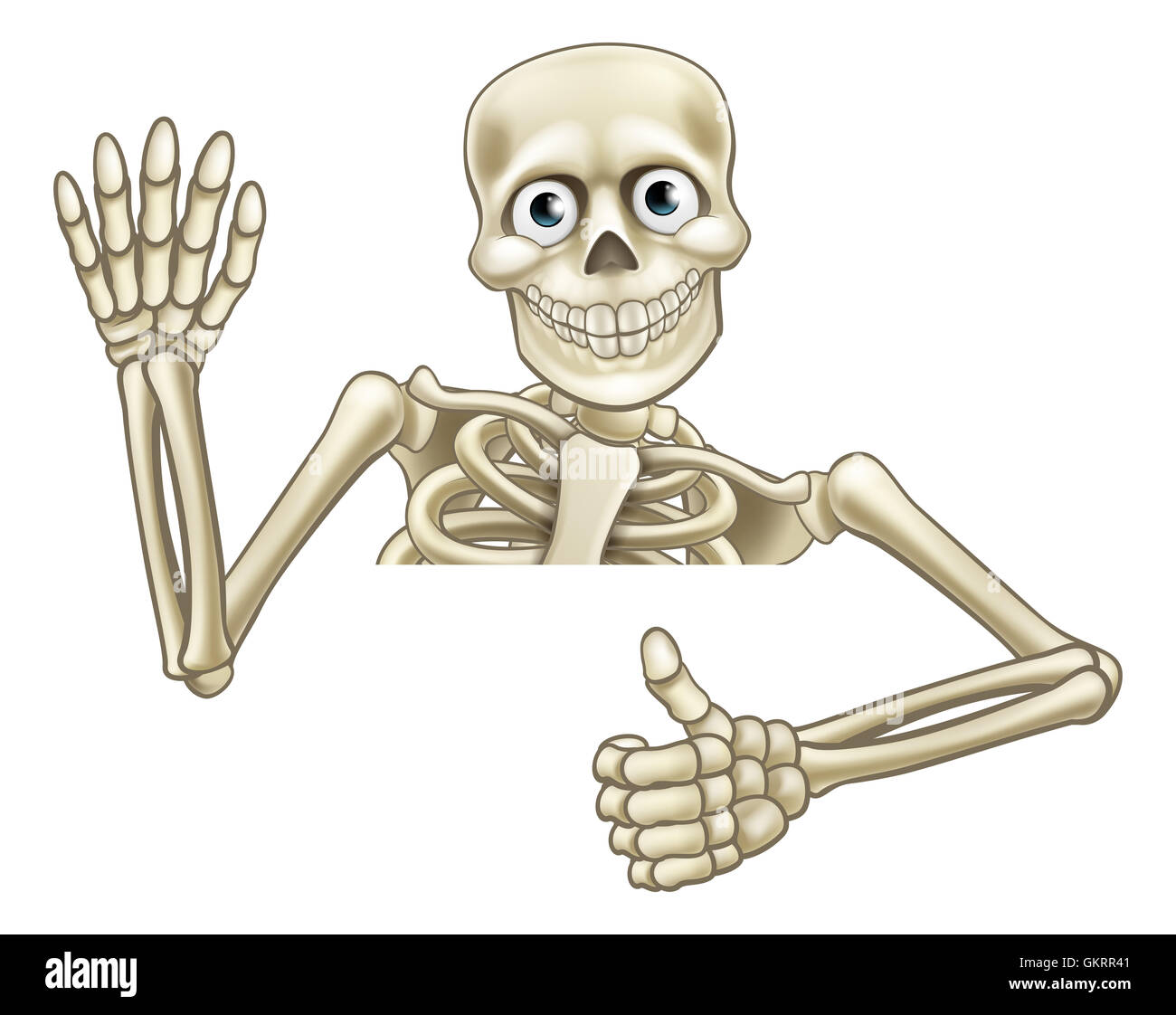 Skeleton Halloween cartoon character peeking over a sign giving a ...