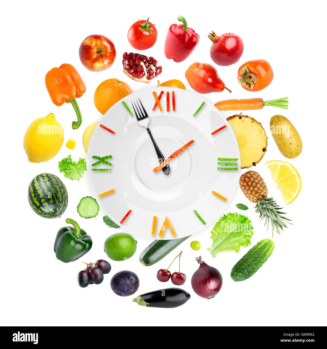 Food clock with fruits and vegetables. Healthy food concept Stock Photo ...
