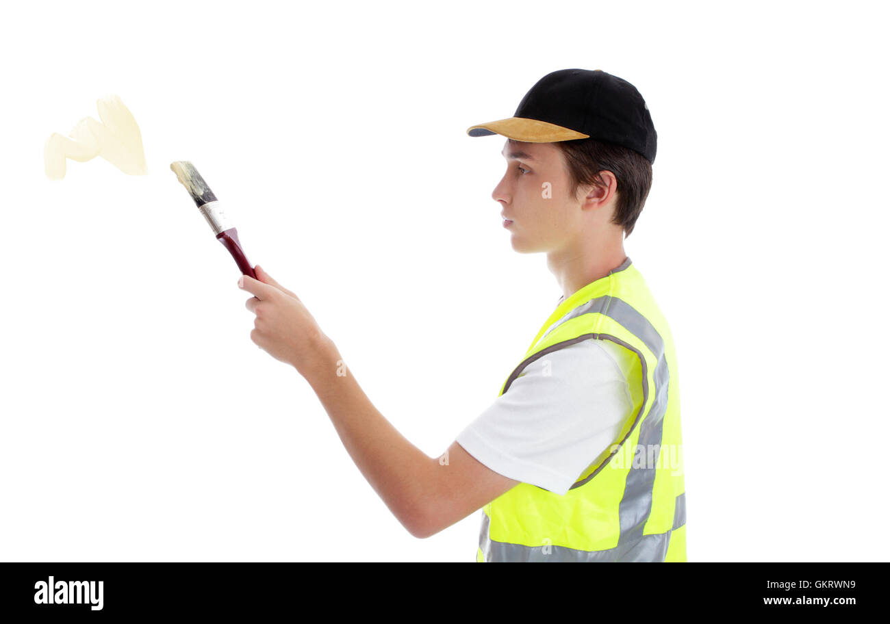 Painter handyman applying paint Stock Photo - Alamy