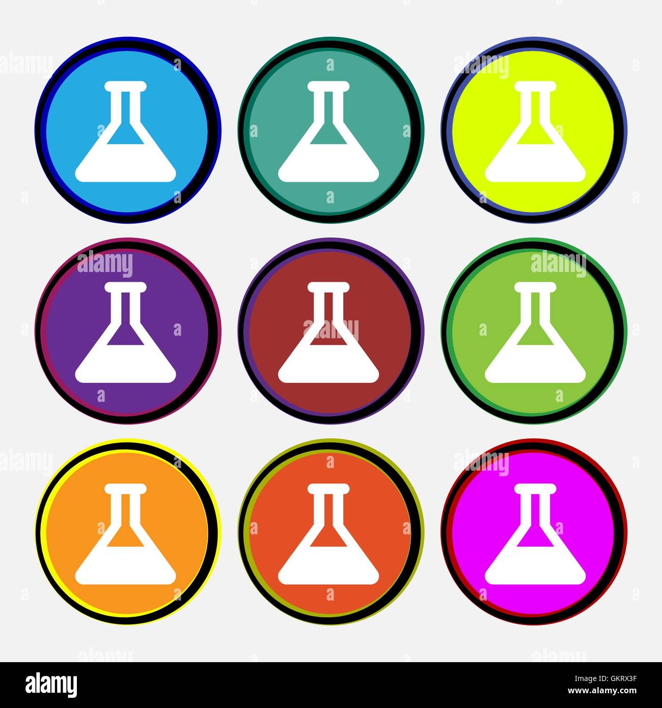 Conical Flask icon sign. Nine multi-colored round buttons. Vector Stock ...