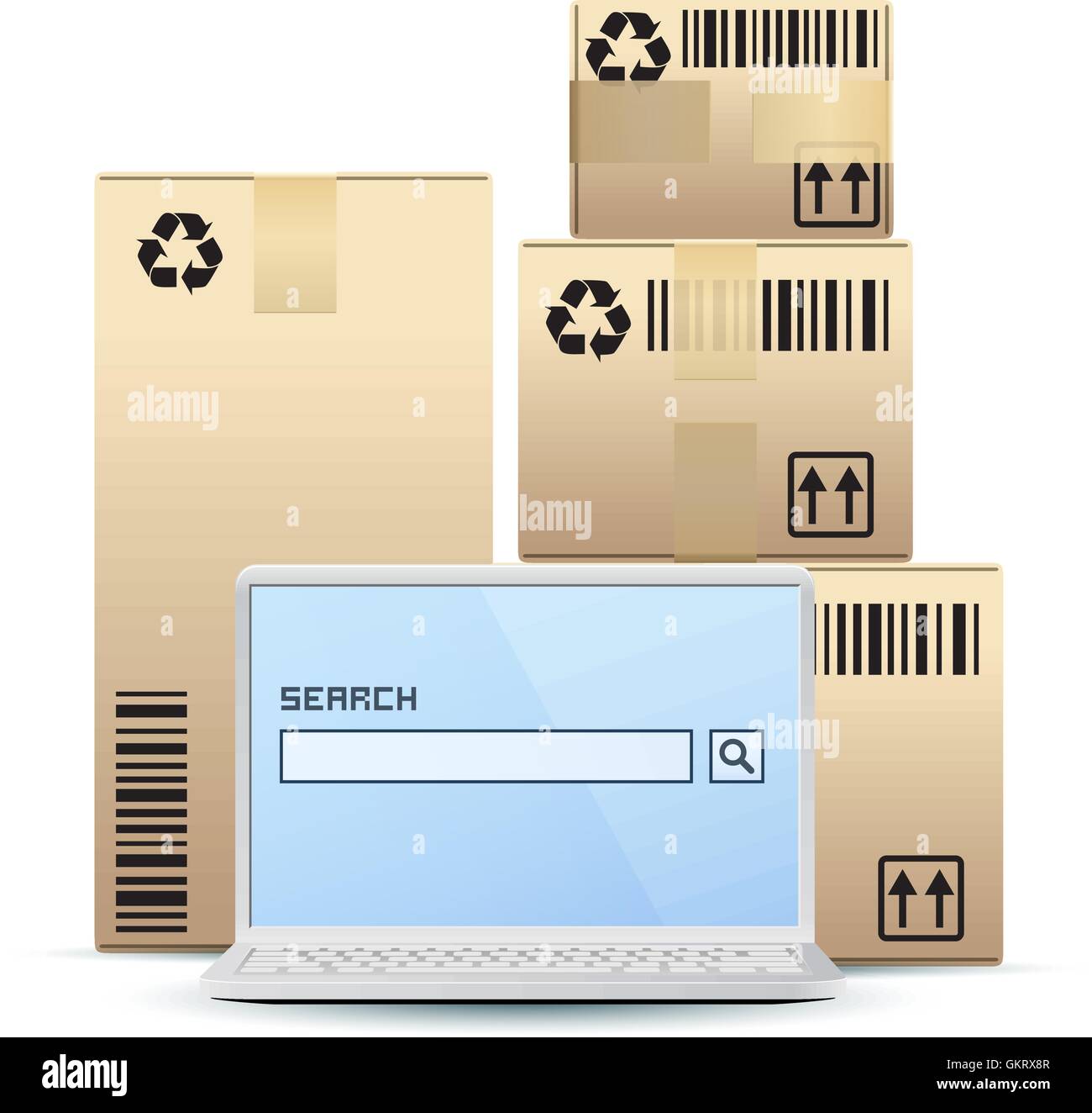 Laptop with Search Field on Screen and with Cardboard Boxes on t Stock ...