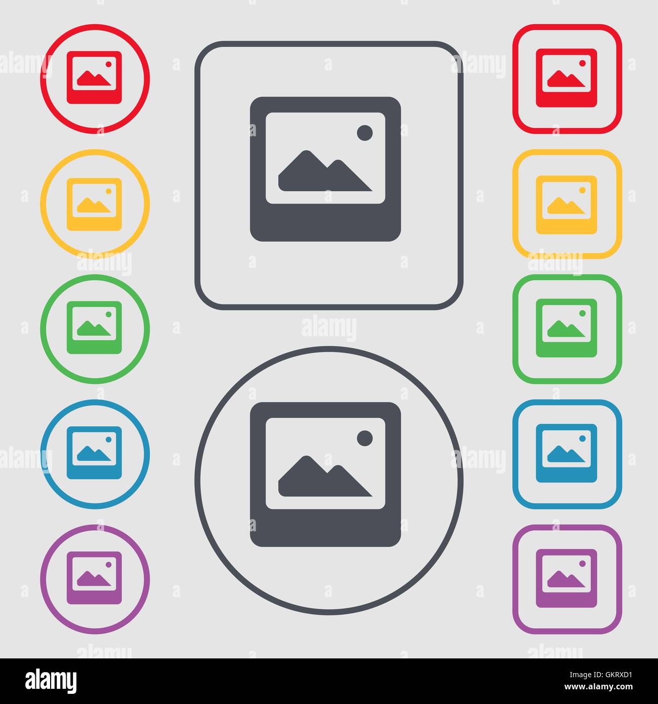 Photo frame template icon sign. symbol on the Round and square buttons ...