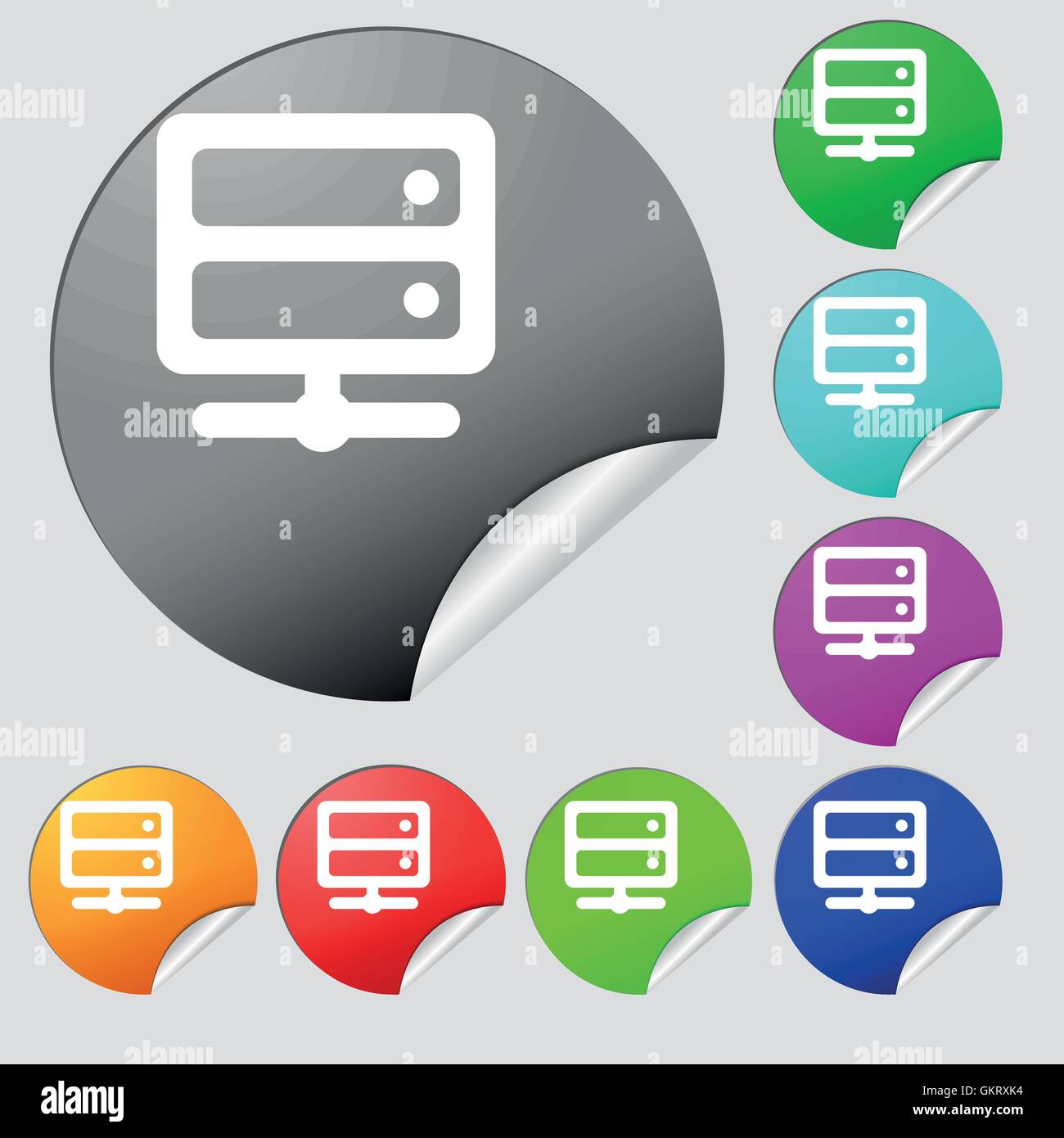 Server icon sign. Set of eight multi colored round buttons, stickers ...