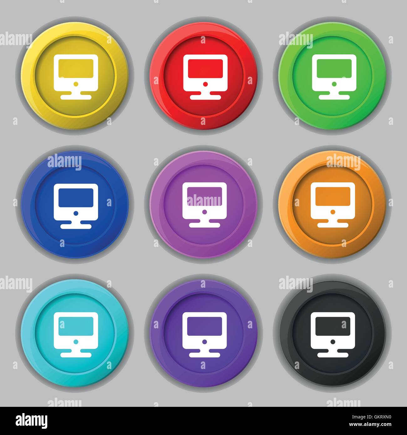 monitor icon sign. symbol on nine round colourful buttons. Vector Stock ...