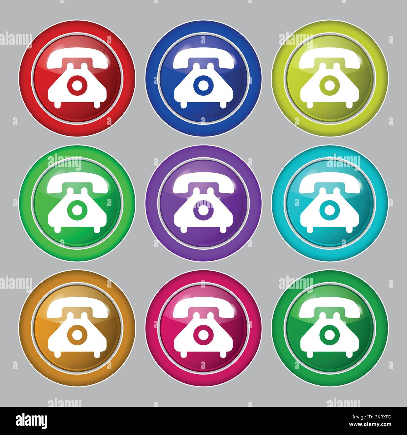 retro telephone handset icon sign. symbol on nine round colourful ...