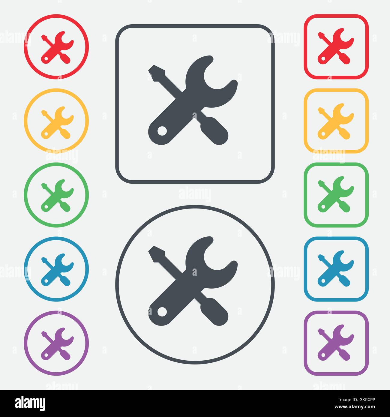 screwdriver, key, settings icon sign. symbol on the Round and square ...