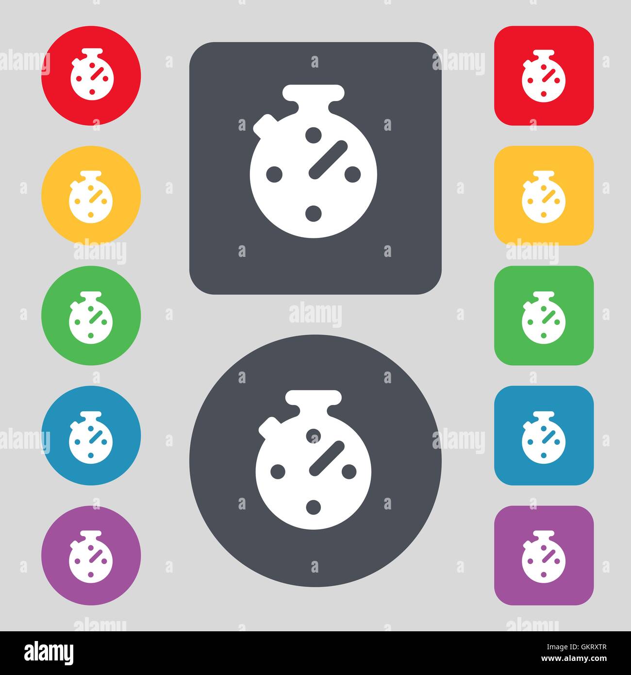 Timer, stopwatch icon sign. A set of 12 colored buttons. Flat design ...