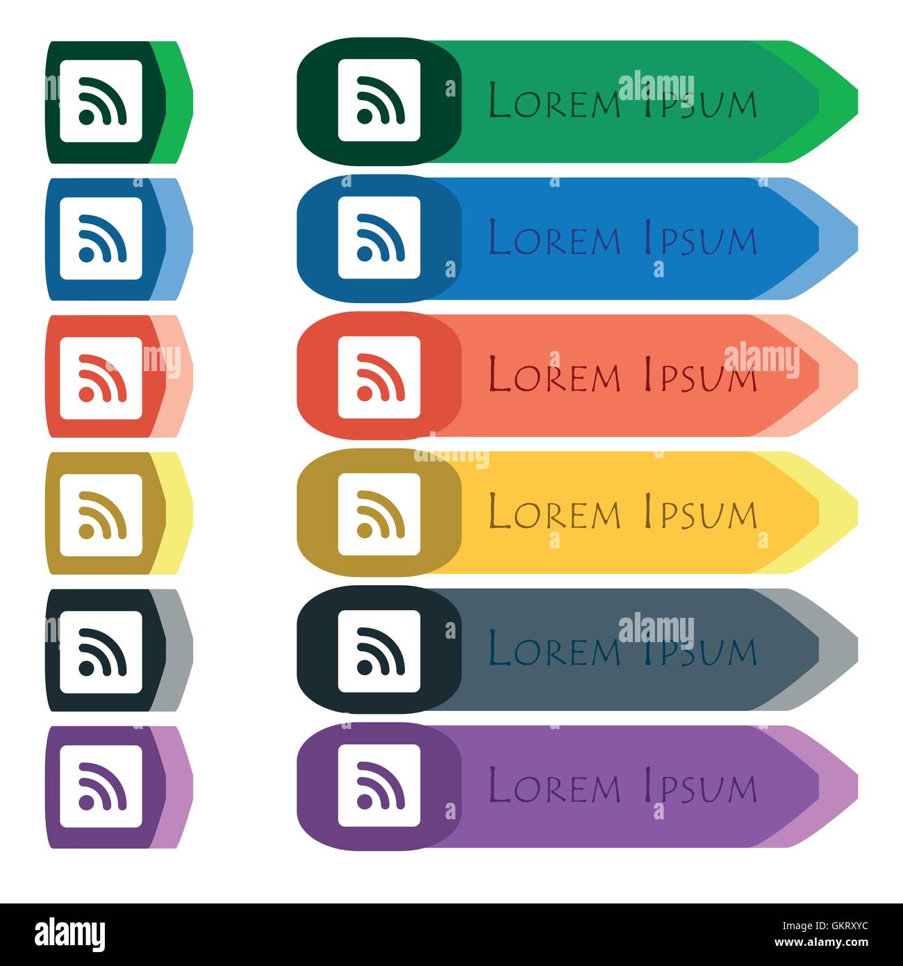 RSS feed icon sign. Set of colorful, bright long buttons with ...