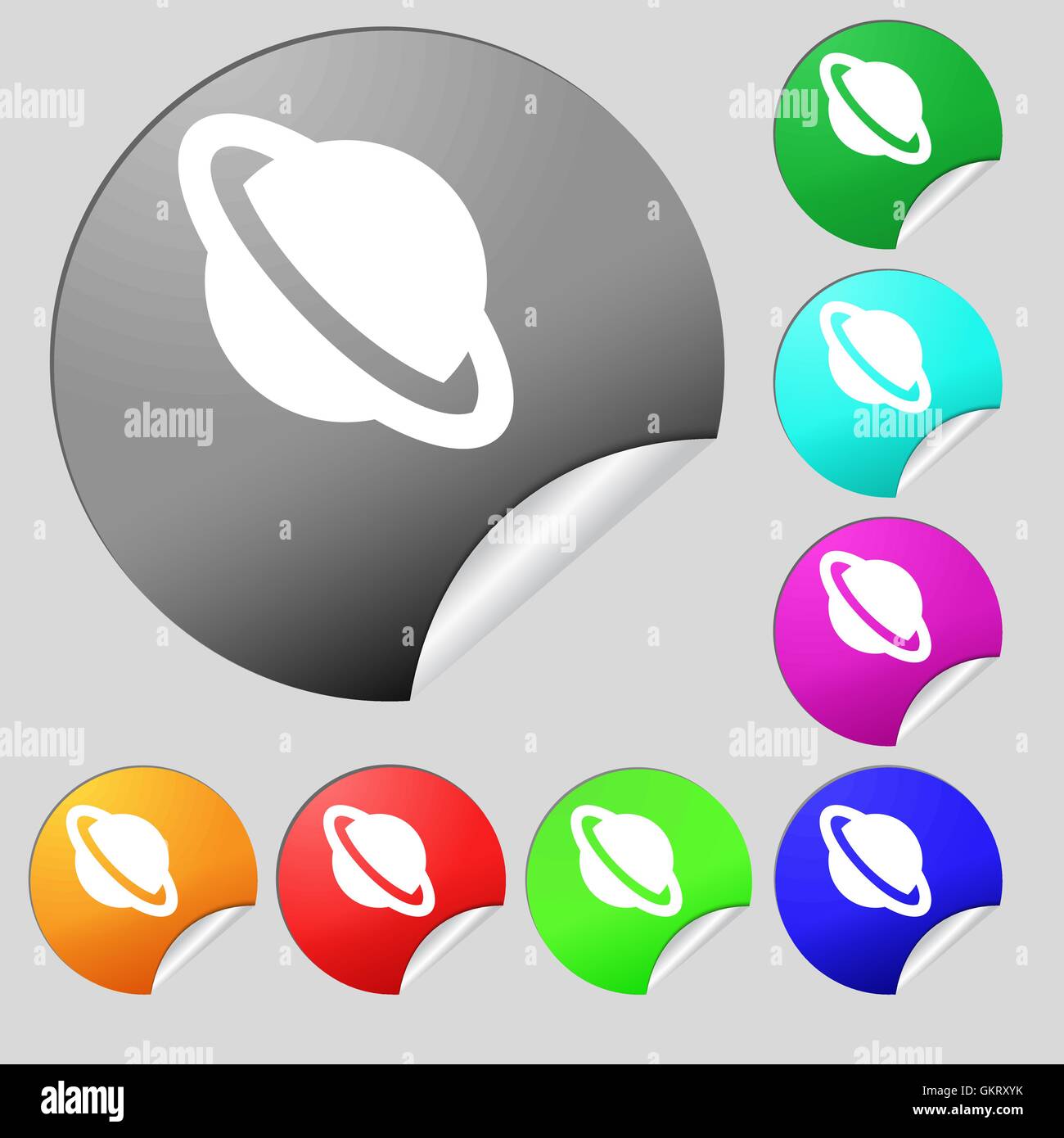 Jupiter planet icon sign. Set of eight multi-colored round buttons ...