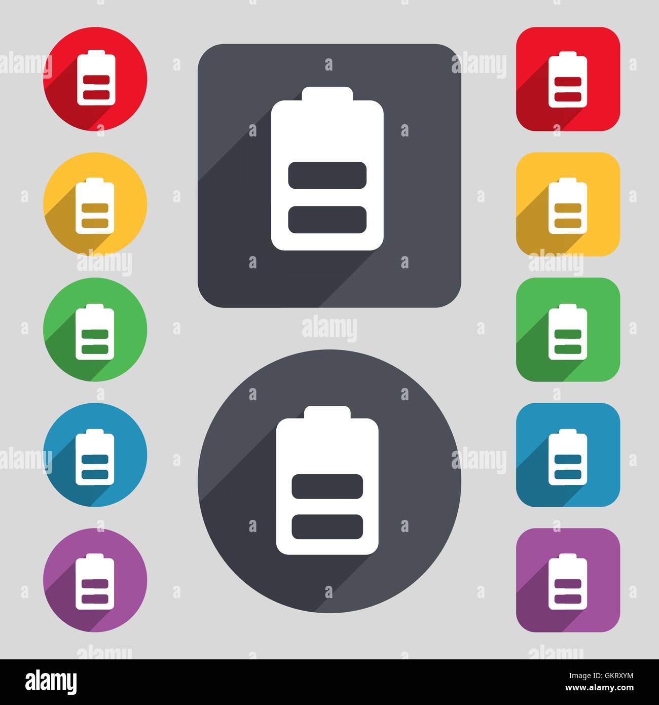 Battery half level, Low electricity icon sign. A set of 12 colored ...