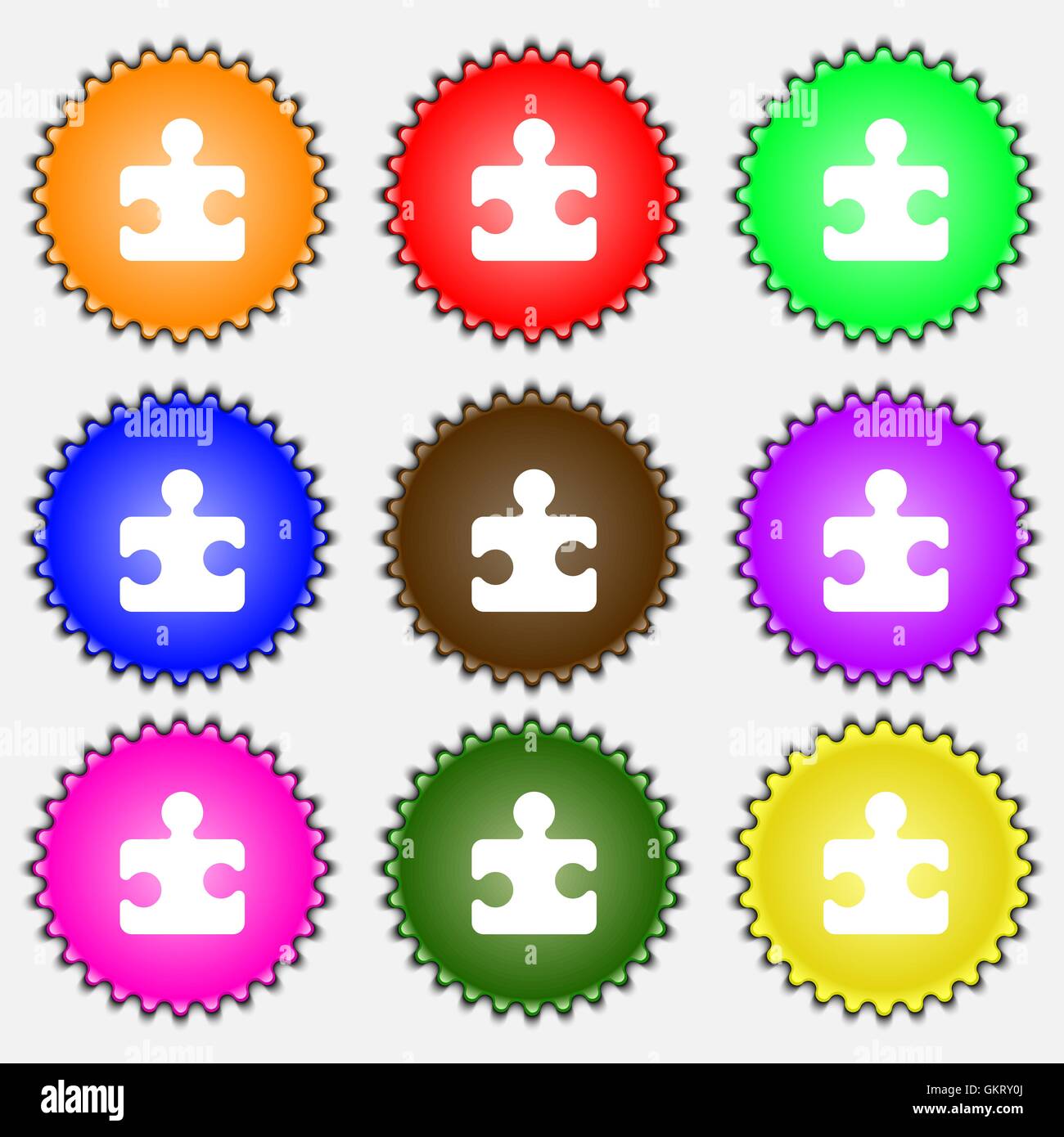 Puzzle piece icon sign. A set of nine different colored labels. Vector ...