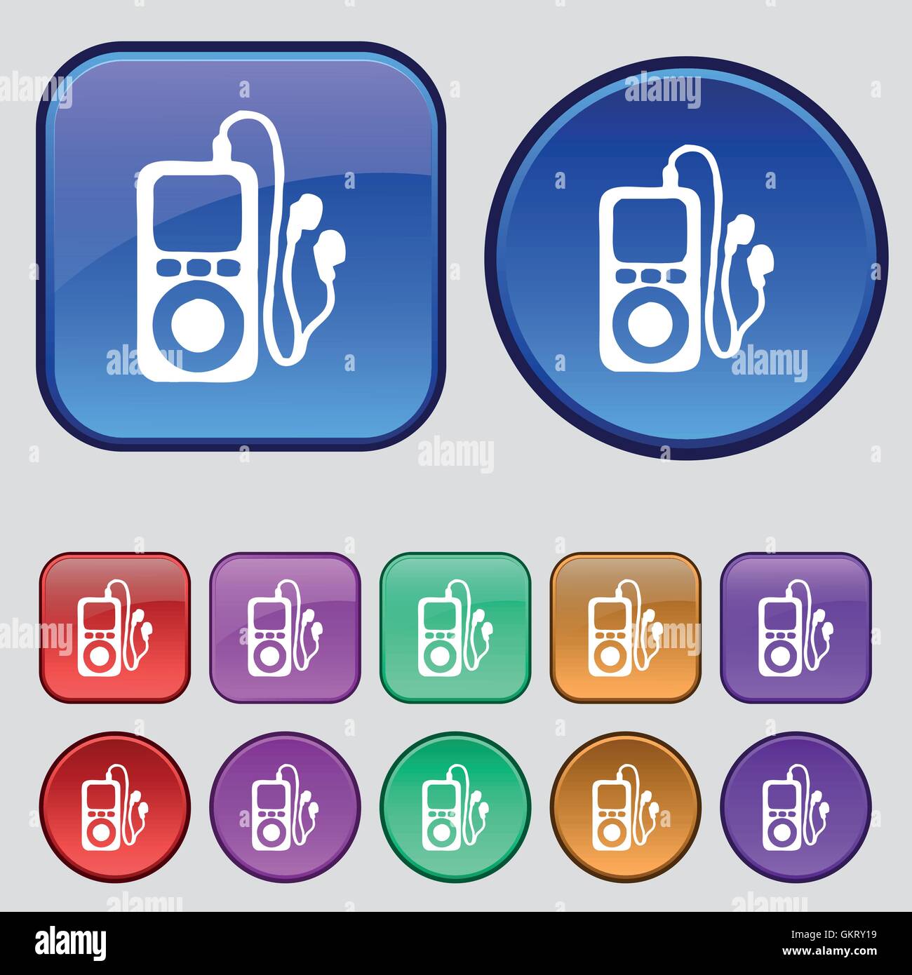 MP3 player, headphones, music icon sign. A set of twelve vintage ...