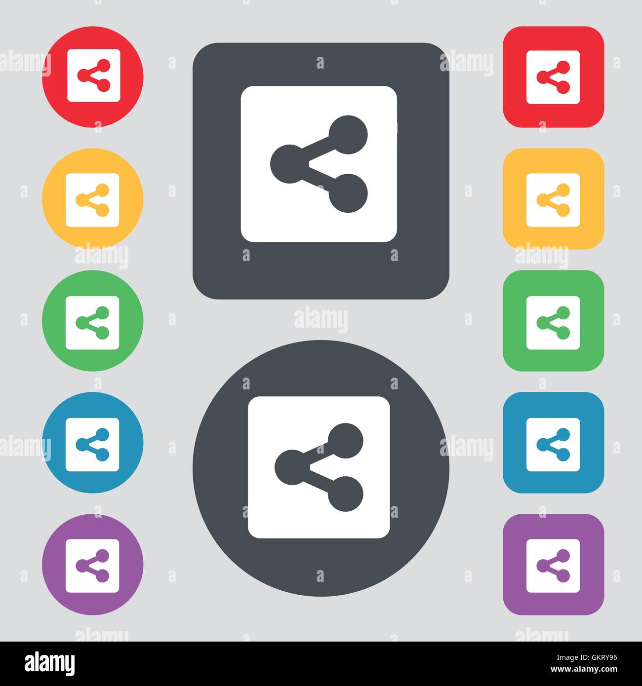Share icon sign. A set of 12 colored buttons. Flat design. Vector Stock ...