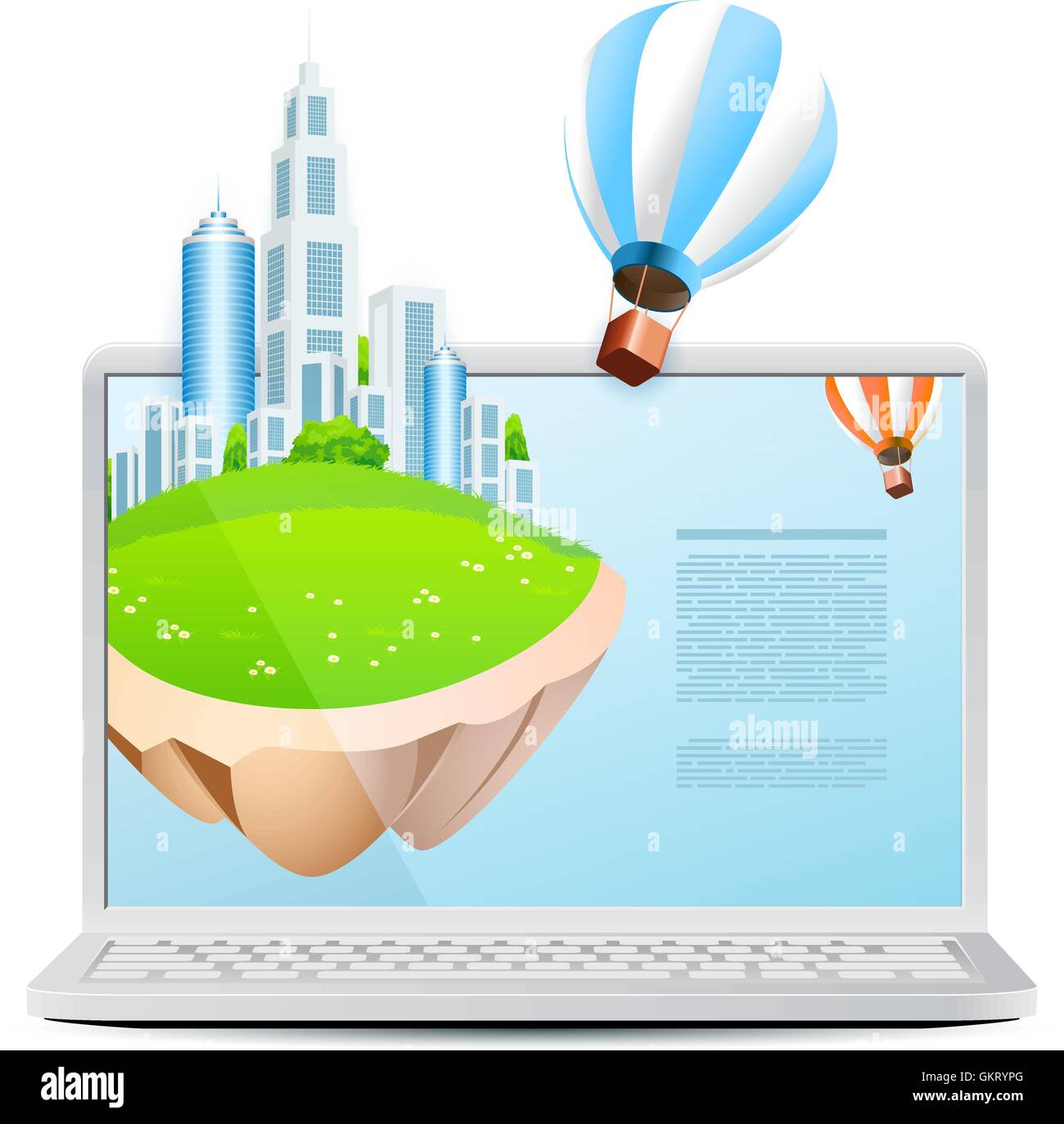 Laptop with Flying Island and Hot Air Balloon isolated on white Stock ...