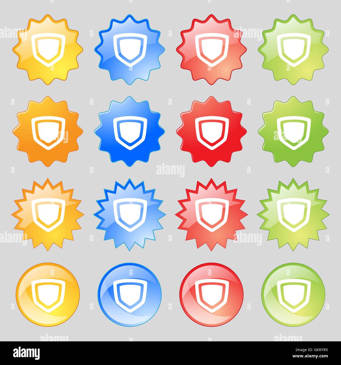shield icon sign. Set from sixteen multi-colored glass buttons with ...