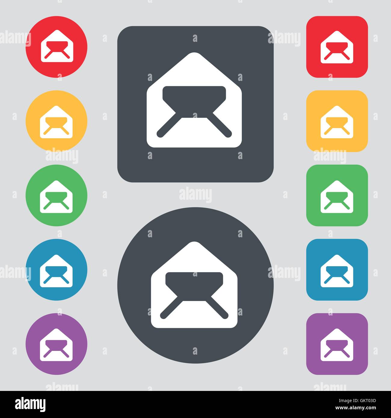 Mail, envelope, letter icon sign. A set of 12 colored buttons. Flat ...